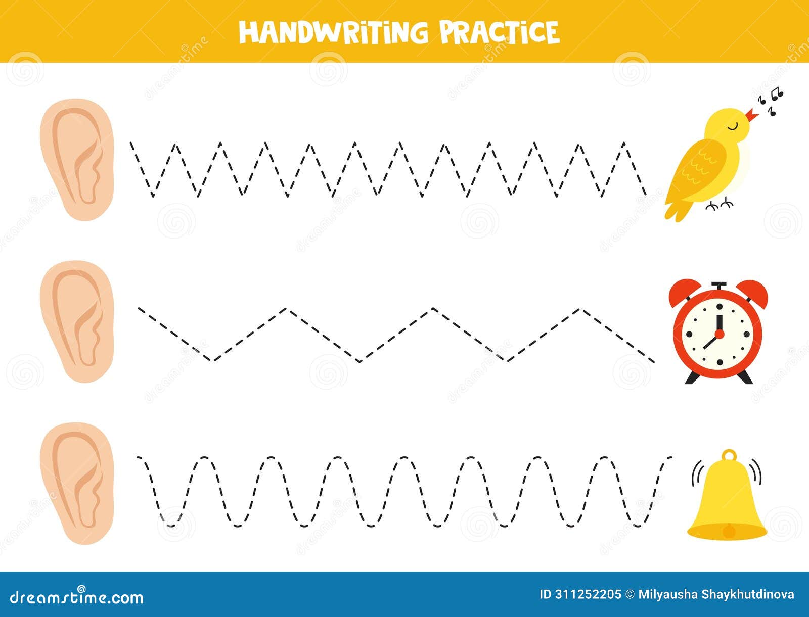 Tracing Lines for Kids. Ear and Objects, Sense of Hearing. Handwriting ...