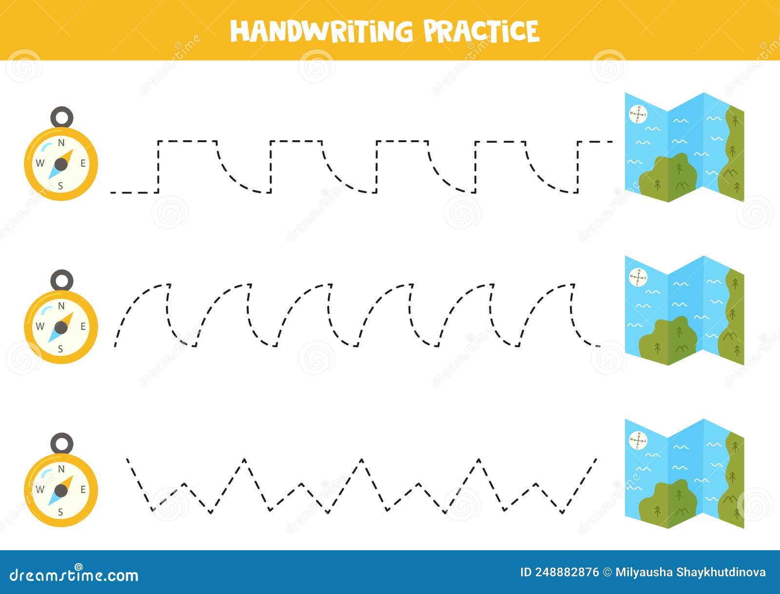 Tracing Lines for Kids. Compass and Map. Writing Practice. Stock Vector ...
