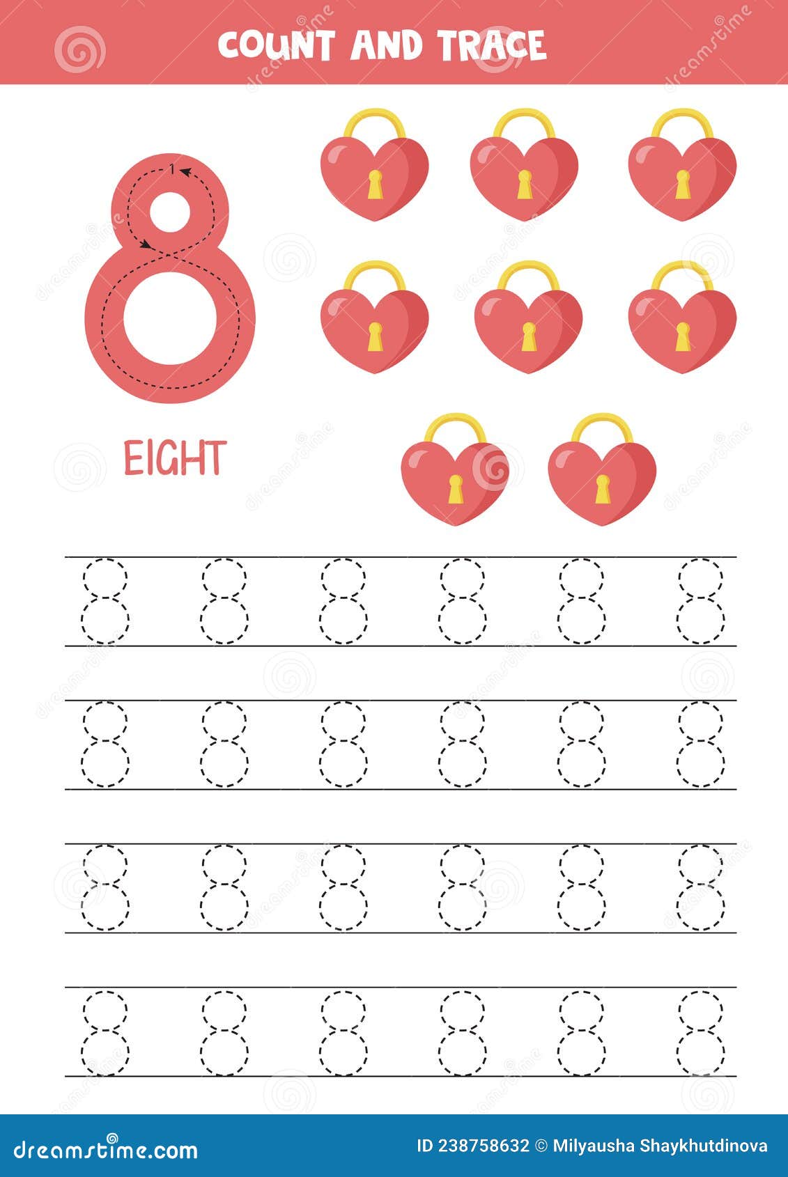 Tracing Number Eight. Preschool Worksheet with Heart Locks. Stock ... Tracing Number Eight. Preschool Worksheet with Heart Locks. Stock ...