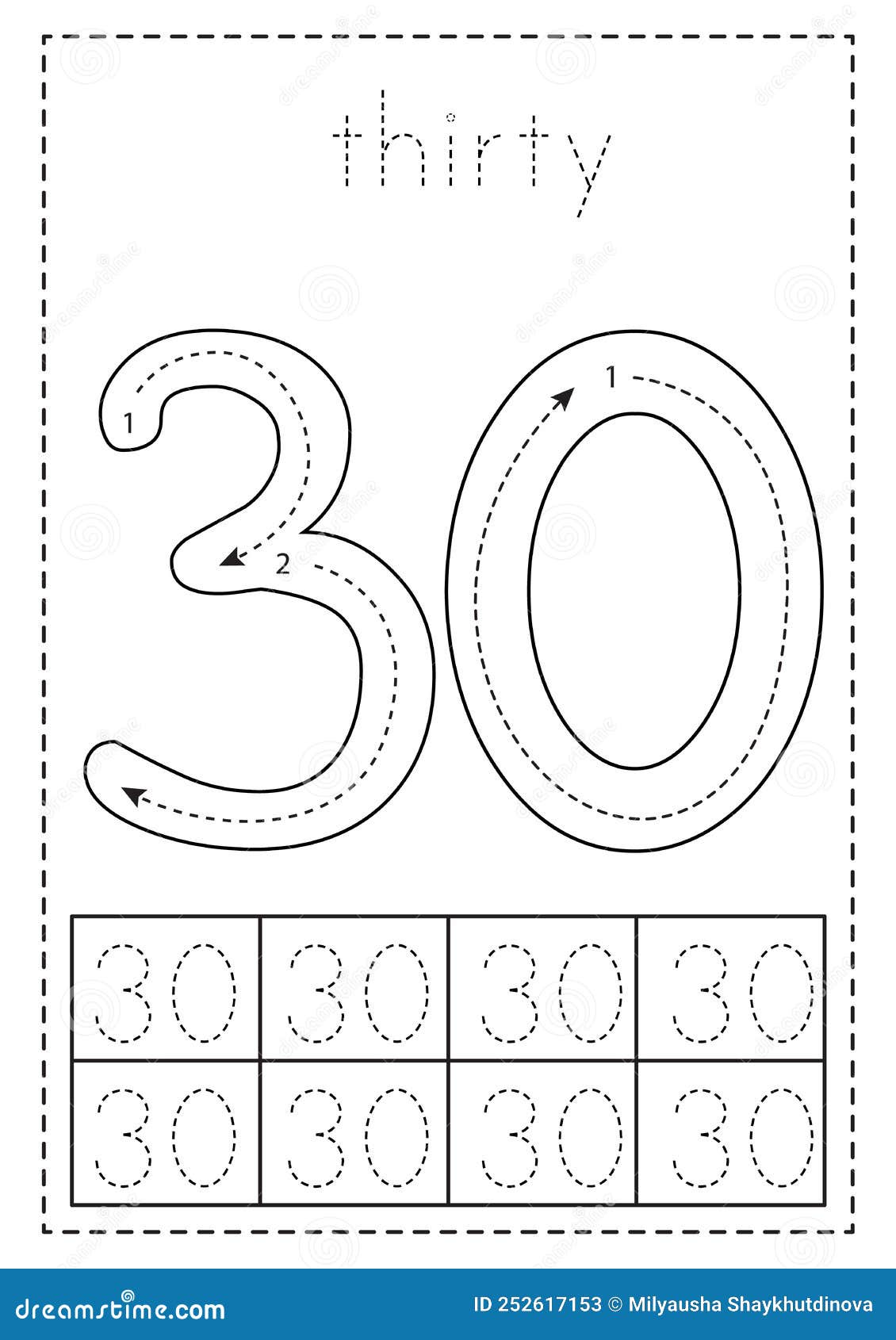 Tracing Number Thirty. Preschool Worksheet. Black and White. Stock ...