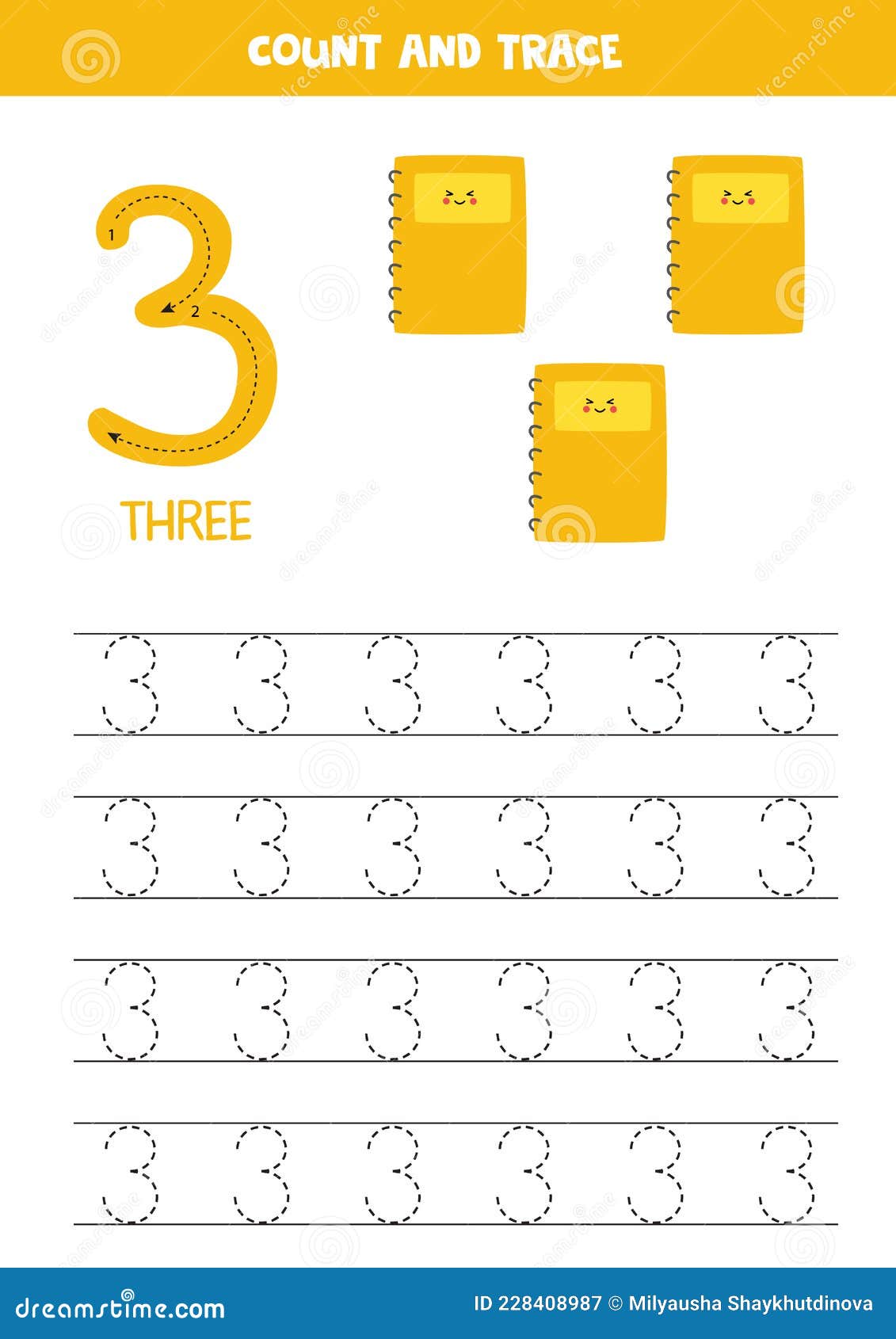 Tracing Number Three Worksheet with Cute Notebooks. Stock Vector ...