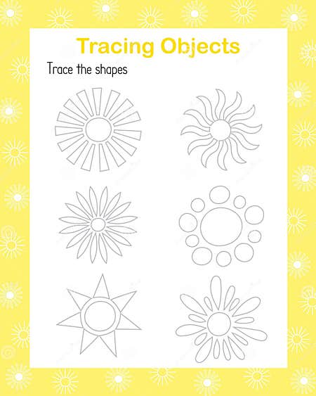 Tracing Sun Linear Images Handwriting Practice Vector Illustration ...