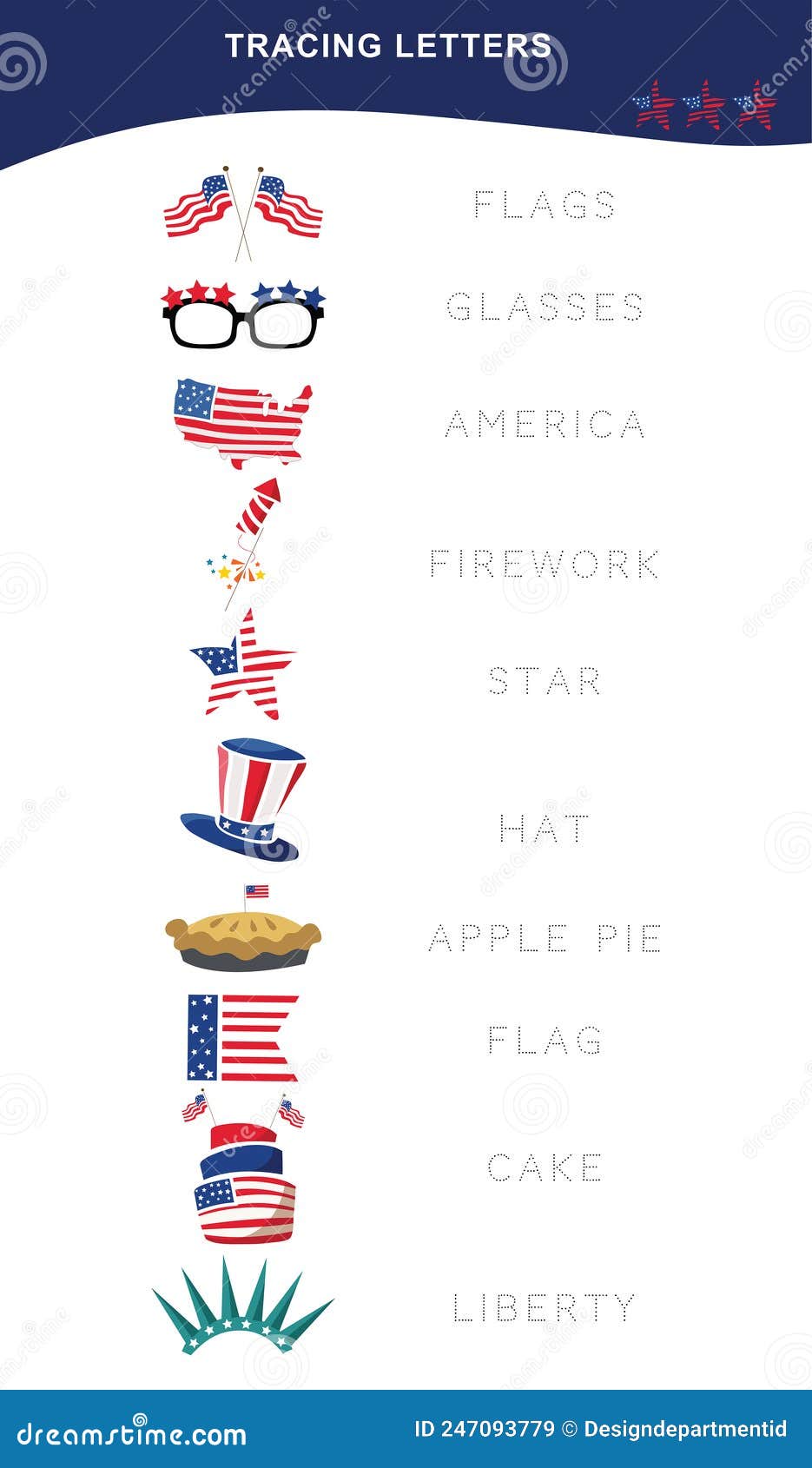Tracing Worksheet with Fourth July Theme Stock Vector - Illustration of ...