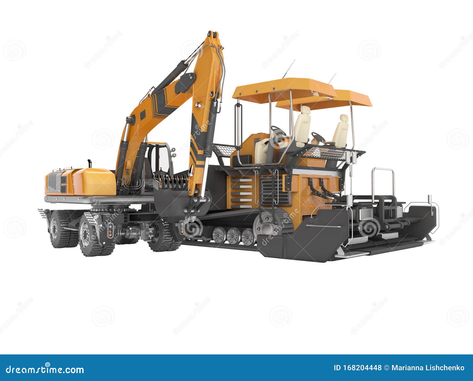 Tracked Asphalt Spreader Machine and Wheeled Excavator 3d Rendering on ...