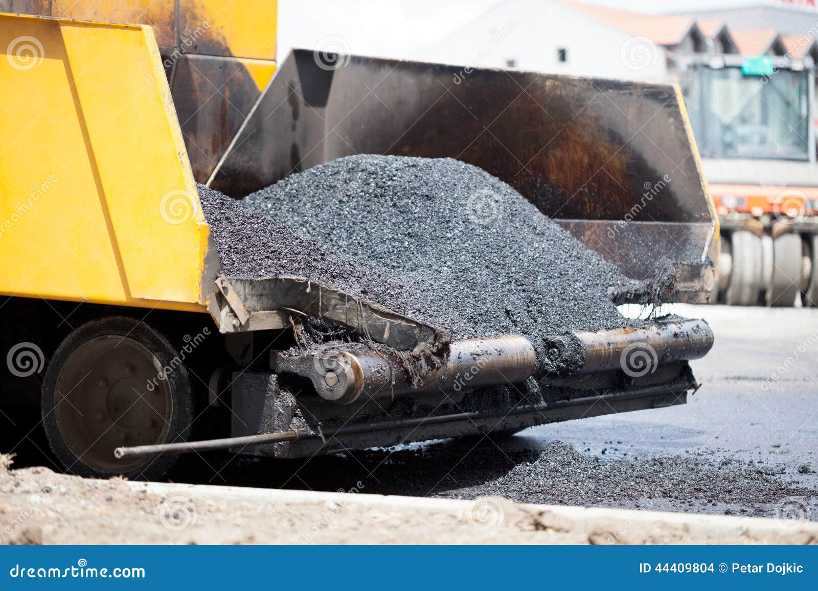 Tracked Paver Laying Fresh Asphalt Pavement during Road Constru Stock ...