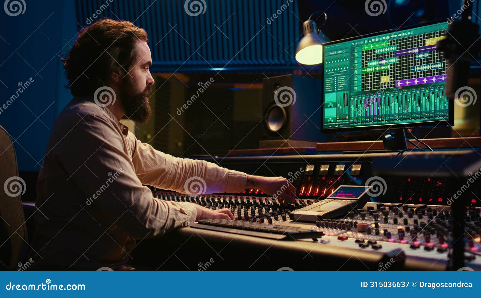 Tracking Engineer Editing Music by Adding Sound Effects in Control Room ...