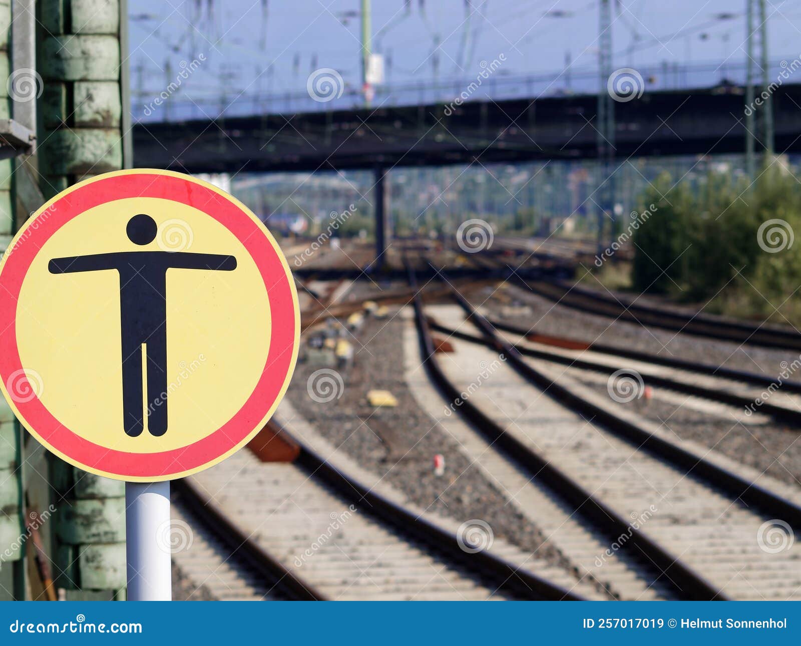 Tracks at the Train Station with a Warning Sign. Stock Image - Image of ...