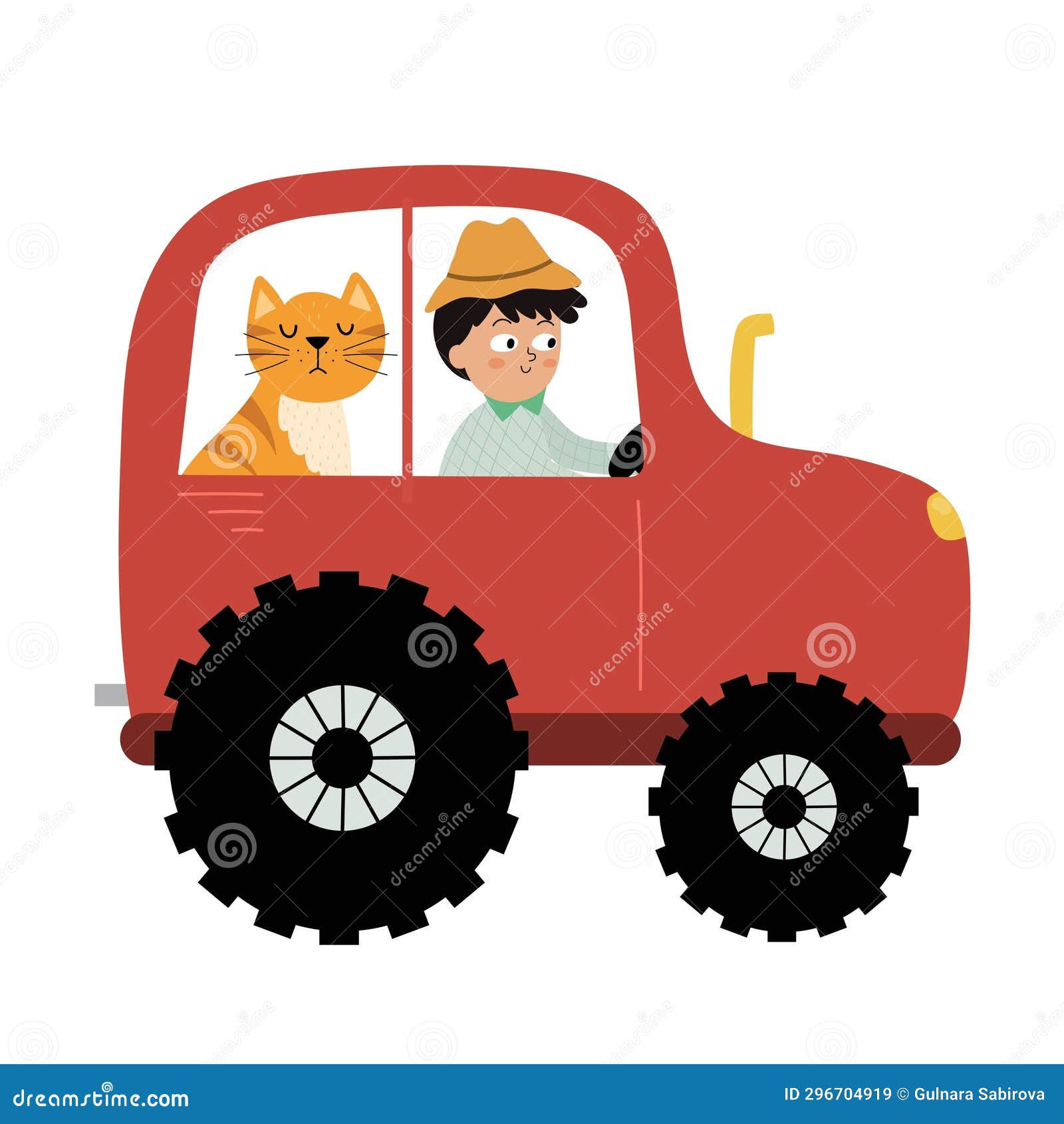 Boy Farmer and Cat Driving on the Tractor. Agriculture Transport Stock ...