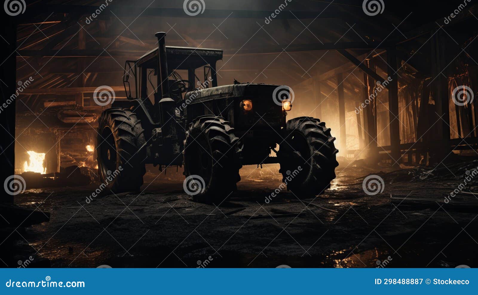 Post-apocalyptic Tractor in Barn: Dark and Hazy 8k Resolution Image ...