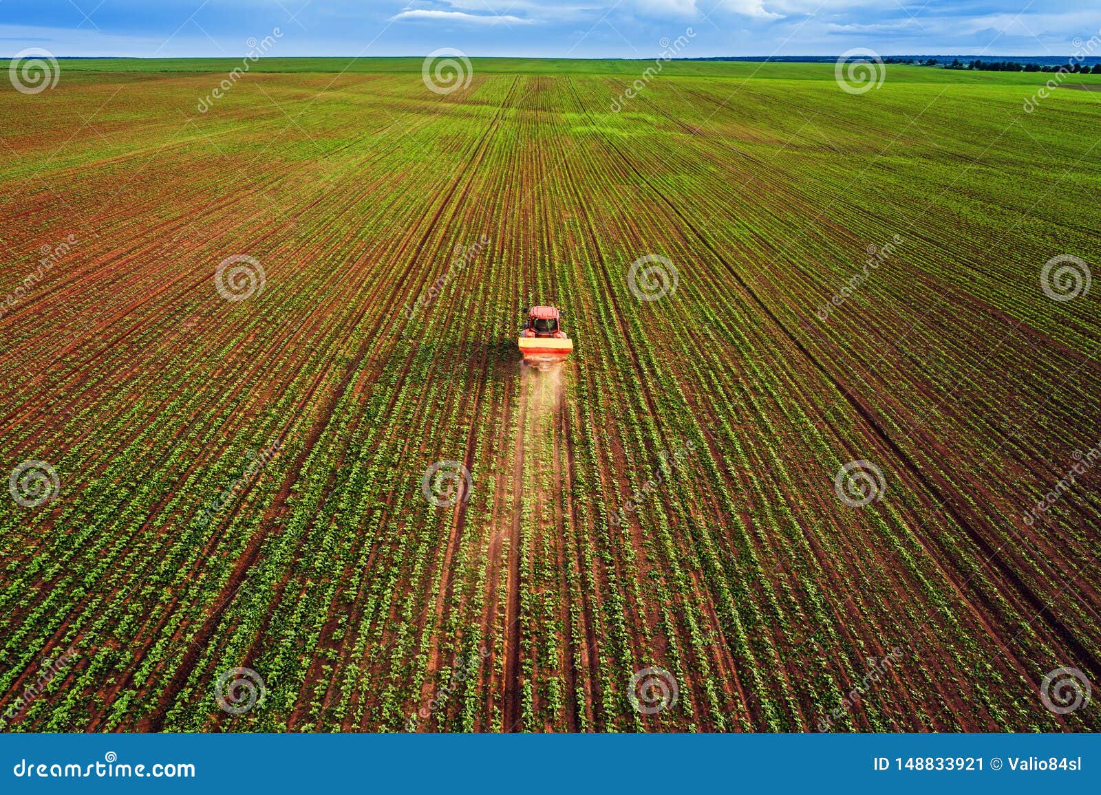 Tractor Cultivating Field at Spring, Aerial View. Stock Image - Image ...