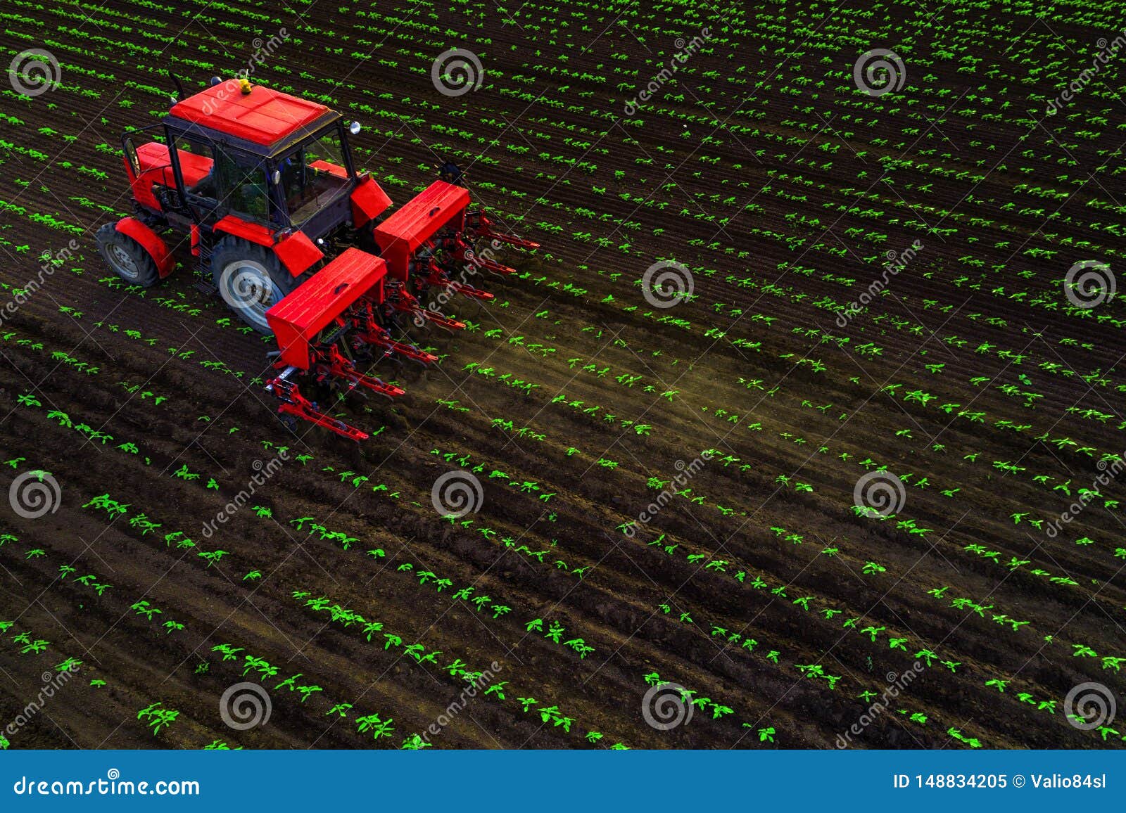 Tractor Cultivating Field at Spring, Aerial View Stock Image - Image of ...