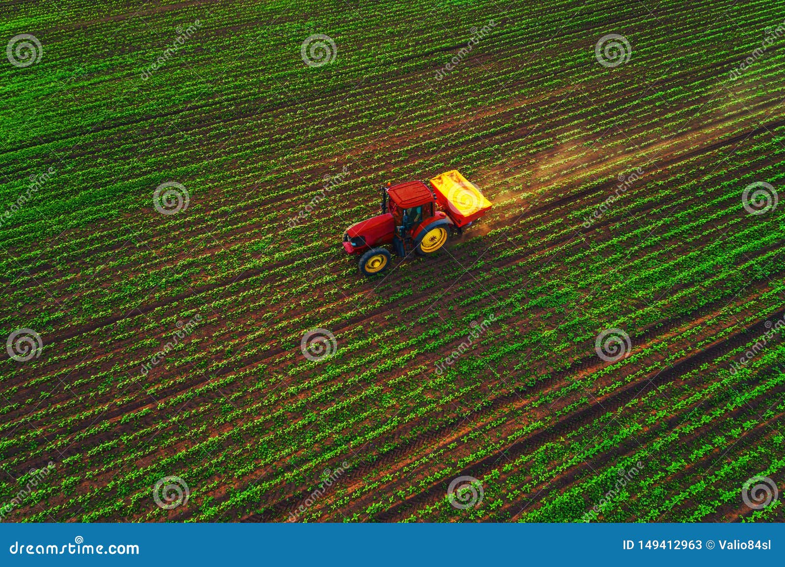 Tractor Cultivating Field at Spring, Aerial Sunset View Stock Image ...