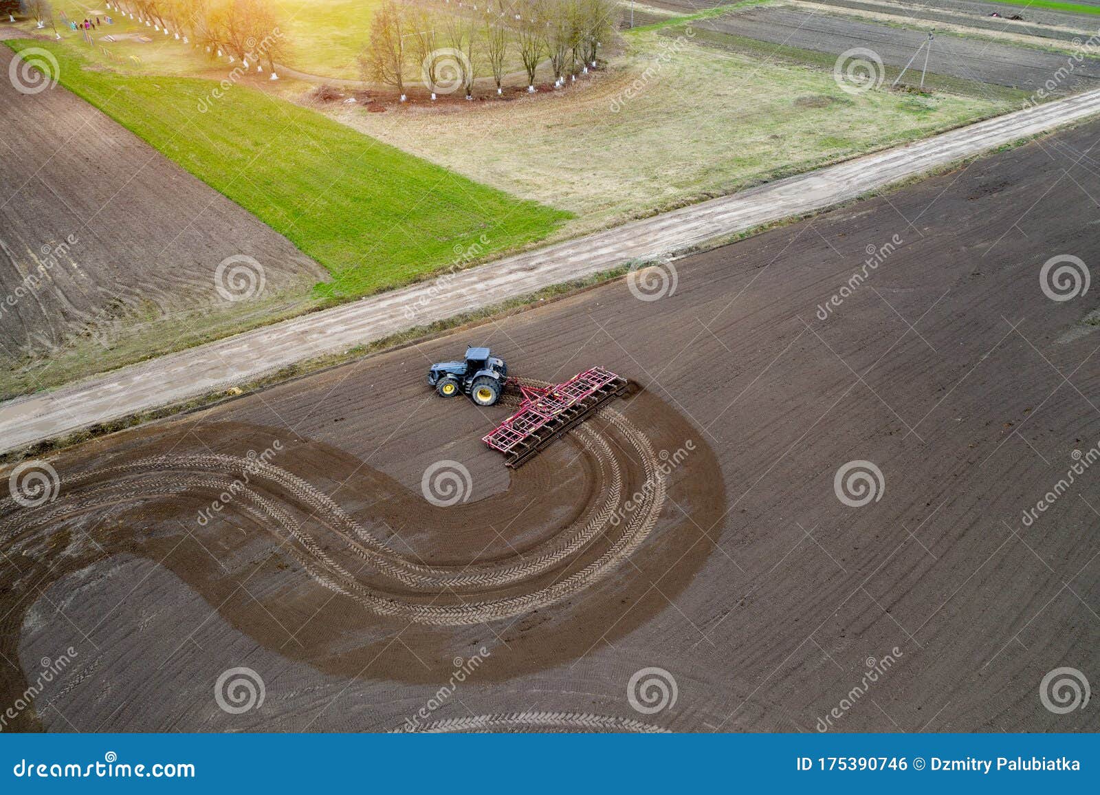 Tractor Cultivating Field at Spring,aerial View Stock Photo - Image of ...