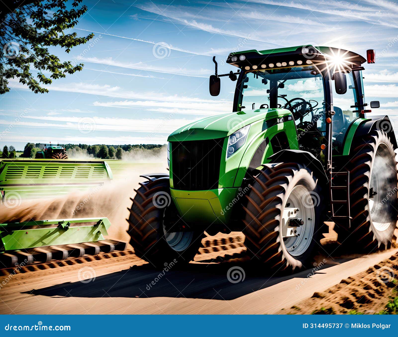 A Tractor Driving Down a Dirt Road with a Plow Attached To the Front ...