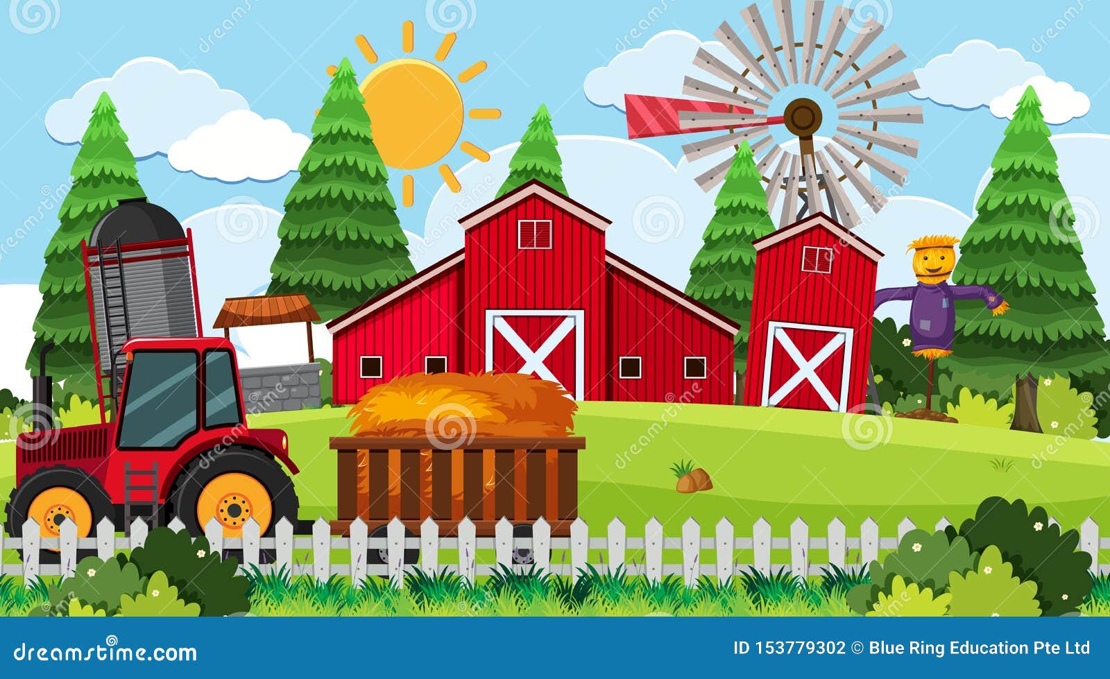 Tractor on farm scene stock vector. Illustration of clip - 153779302