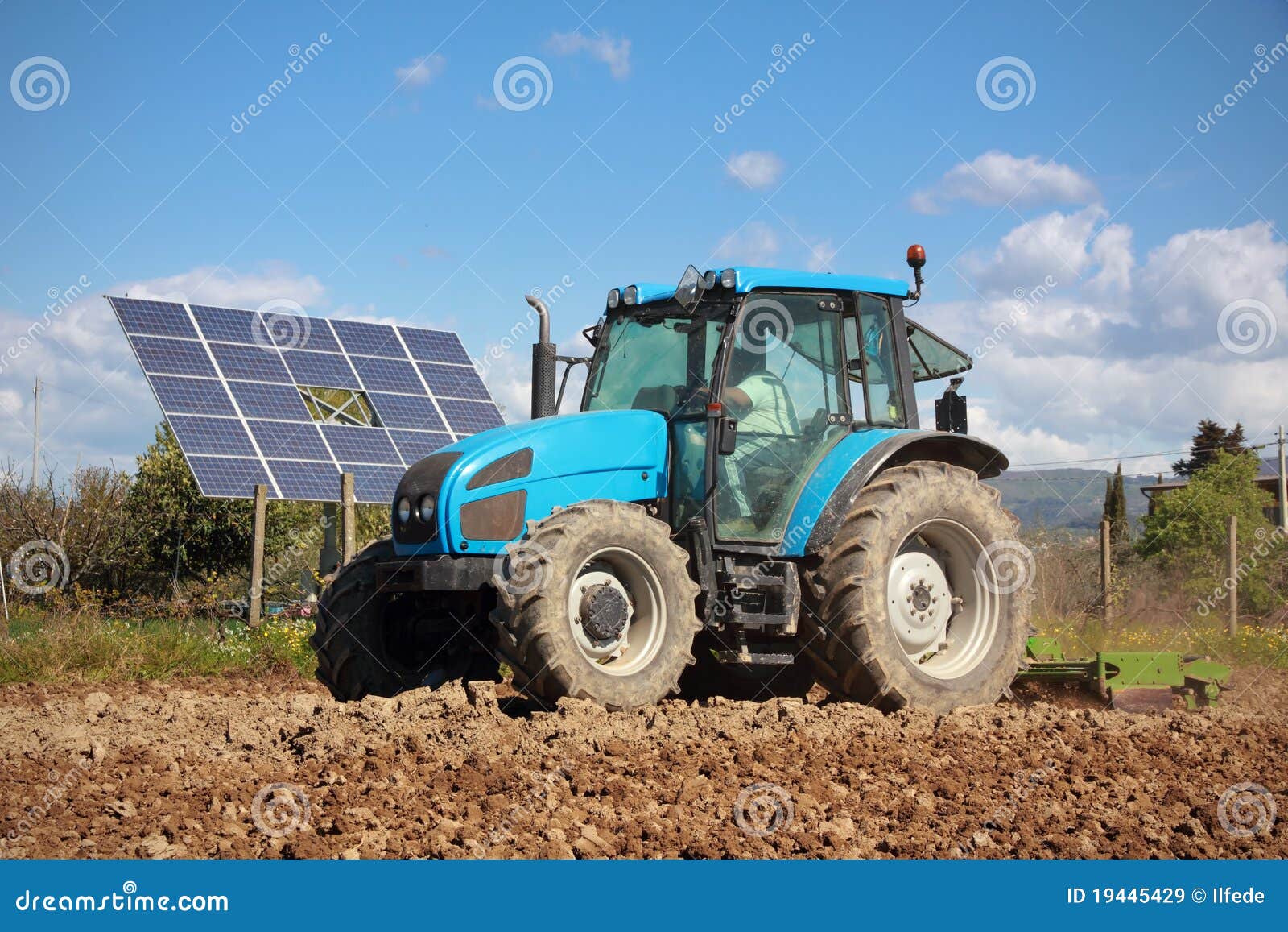 Tractor Farming in Field and Solar Panel Stock Image - Image of country ...