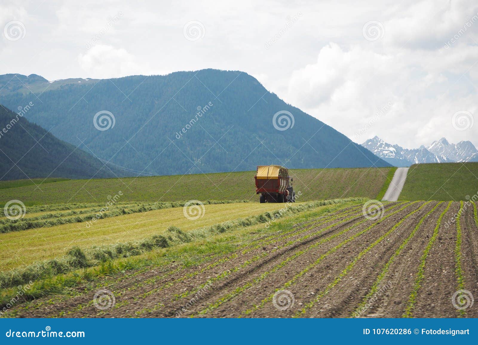 A Tractor on a Field in Front of Mountain Stock Photo - Image of ...