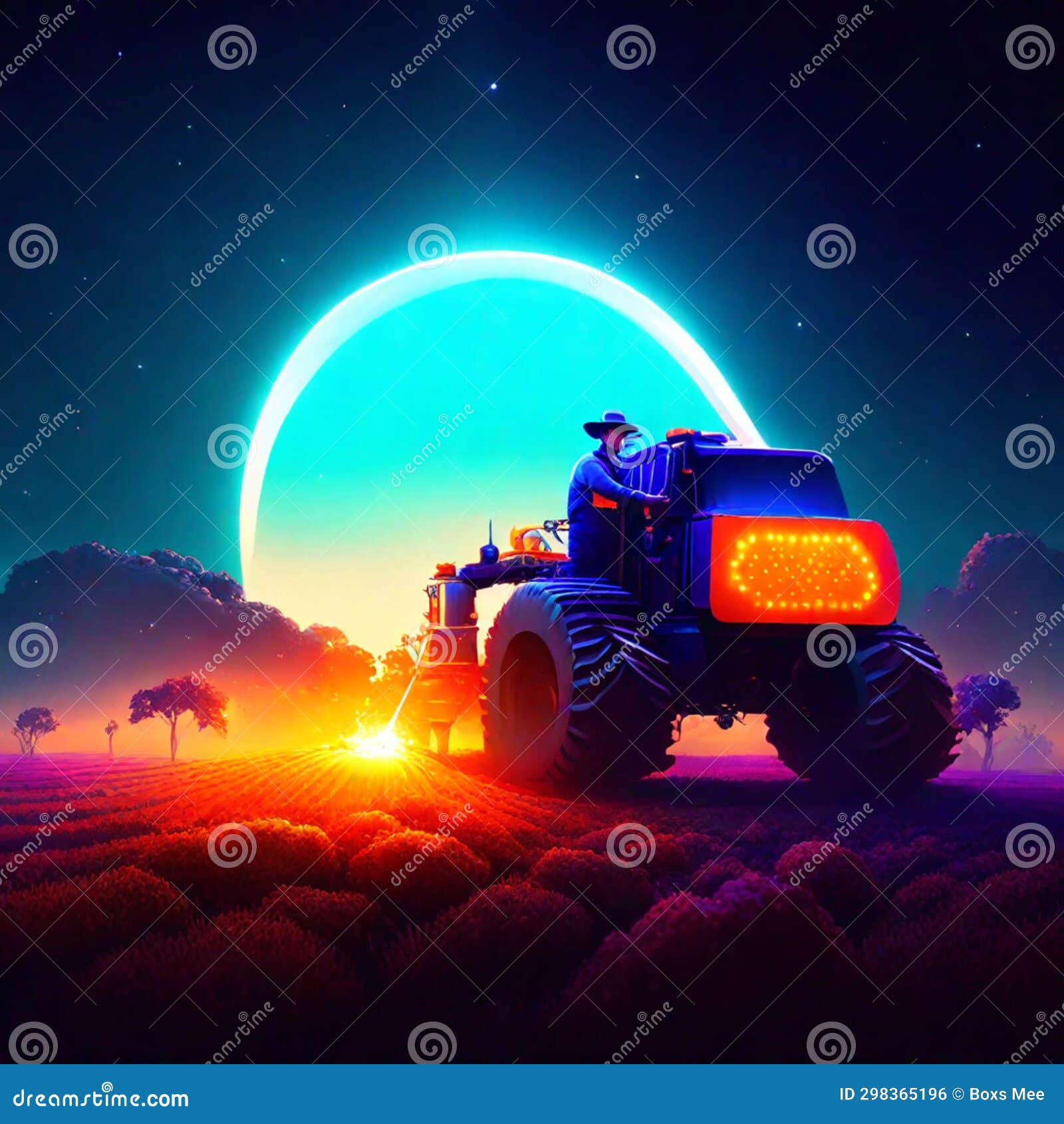 Tractor in the Field with Full Moon. 3D Rendering Stock Illustration ...