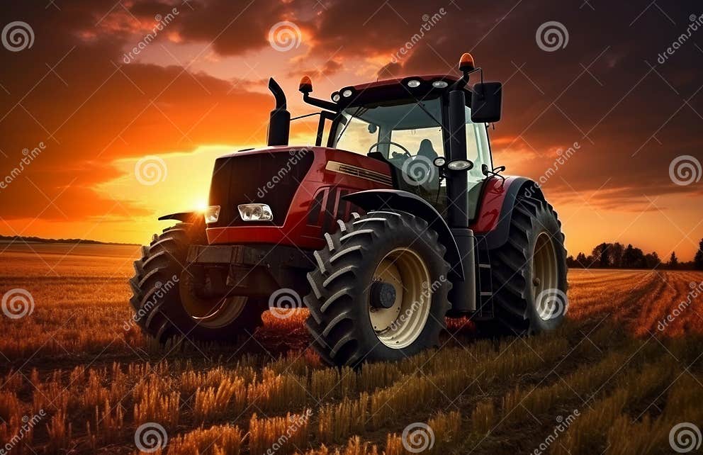 Tractor in a Field at Sunset Stock Photo - Image of preparation, nature ...
