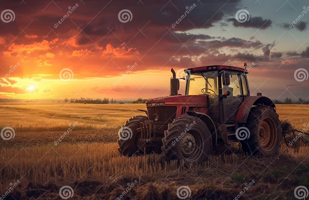 Tractor in a Field at Sunset Stock Image - Image of tractor, dust ...