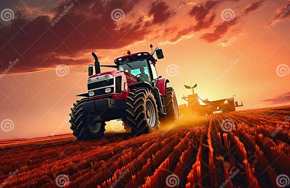 Tractor in the Field at Sunset Stock Image - Image of spring, plant ...