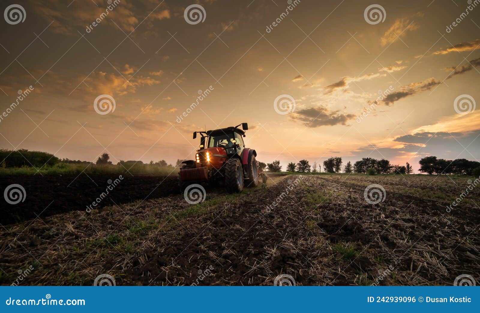 Tractor on the Field during Sunset Stock Photo - Image of machine ...