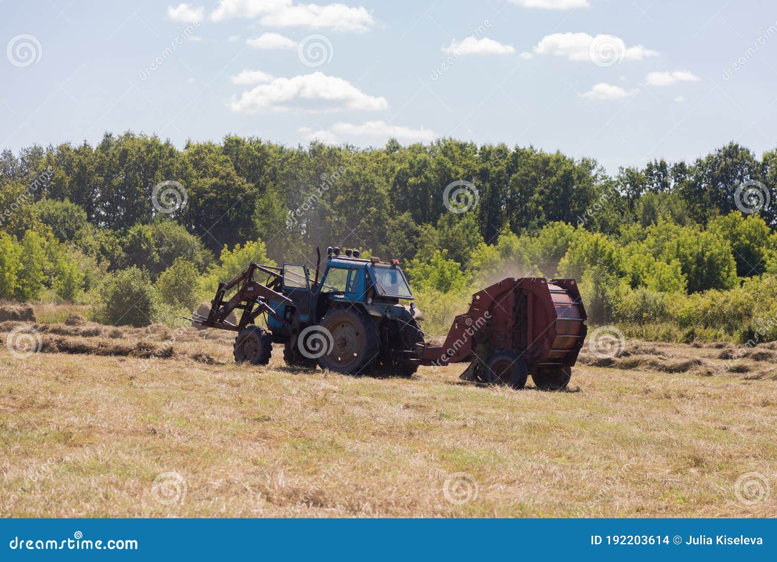 Tractor in Field Throwing Out Hay Roll Stock Photo - Image of machine ...