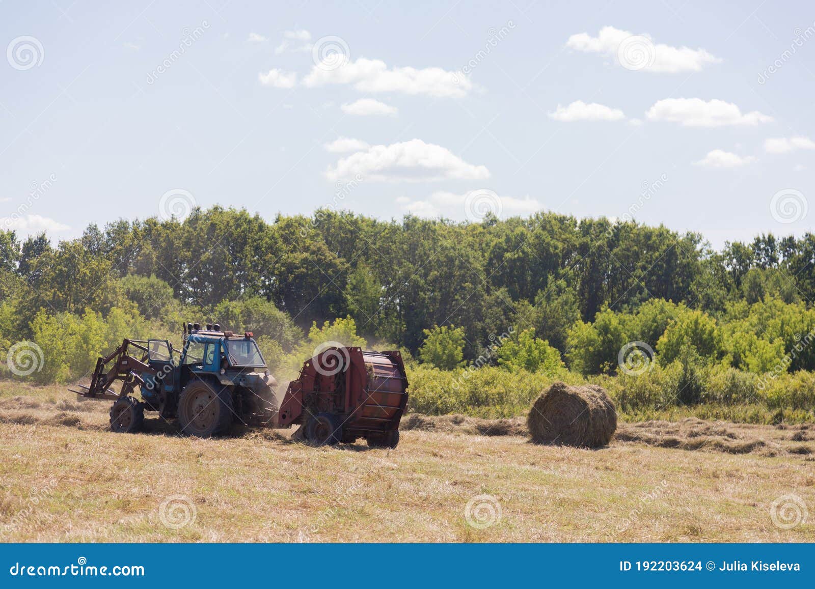 Tractor in Field Throwing Out Hay Roll Stock Photo - Image of industry ...