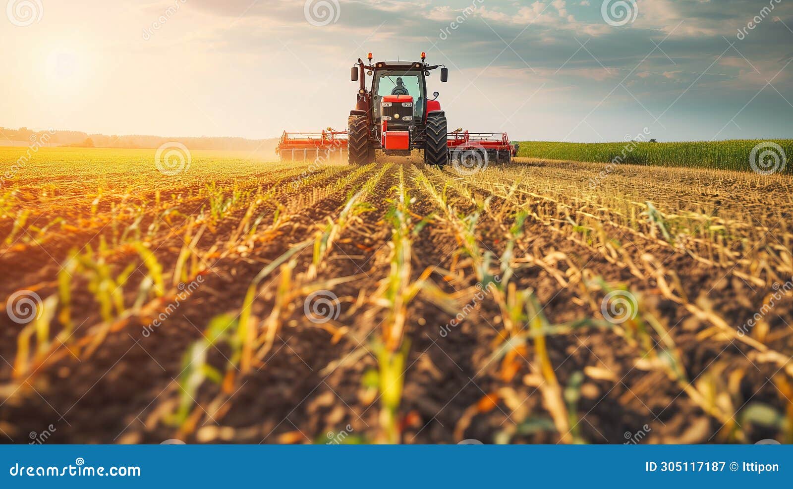 Tractor Harrowing Corn Field Stock Illustration - Illustration of dust ...