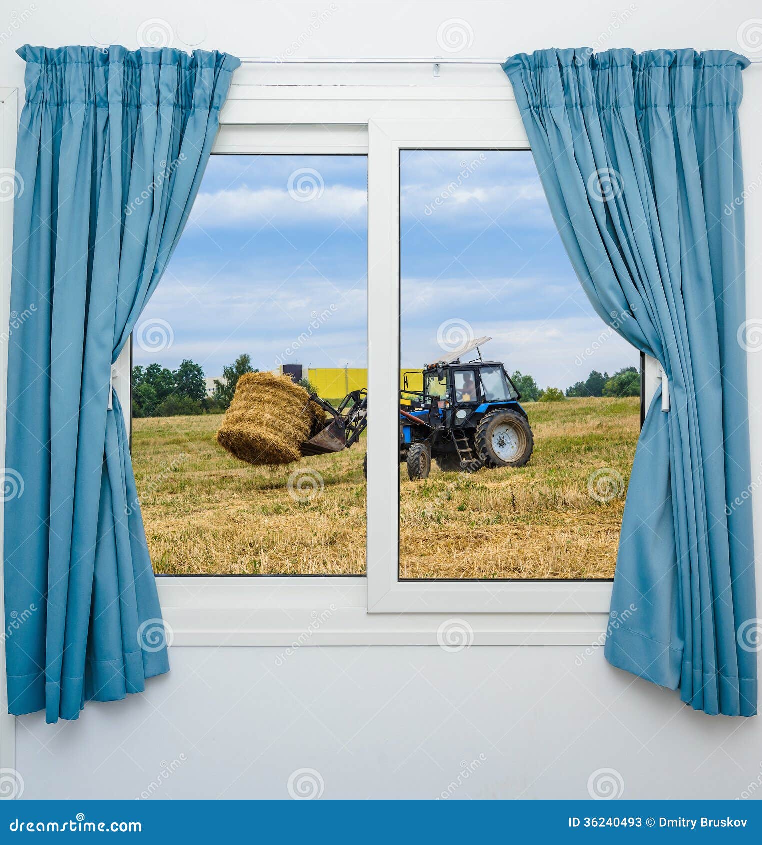 Tractor Hay Removes the View from the Window with Curtains Stock Image ...