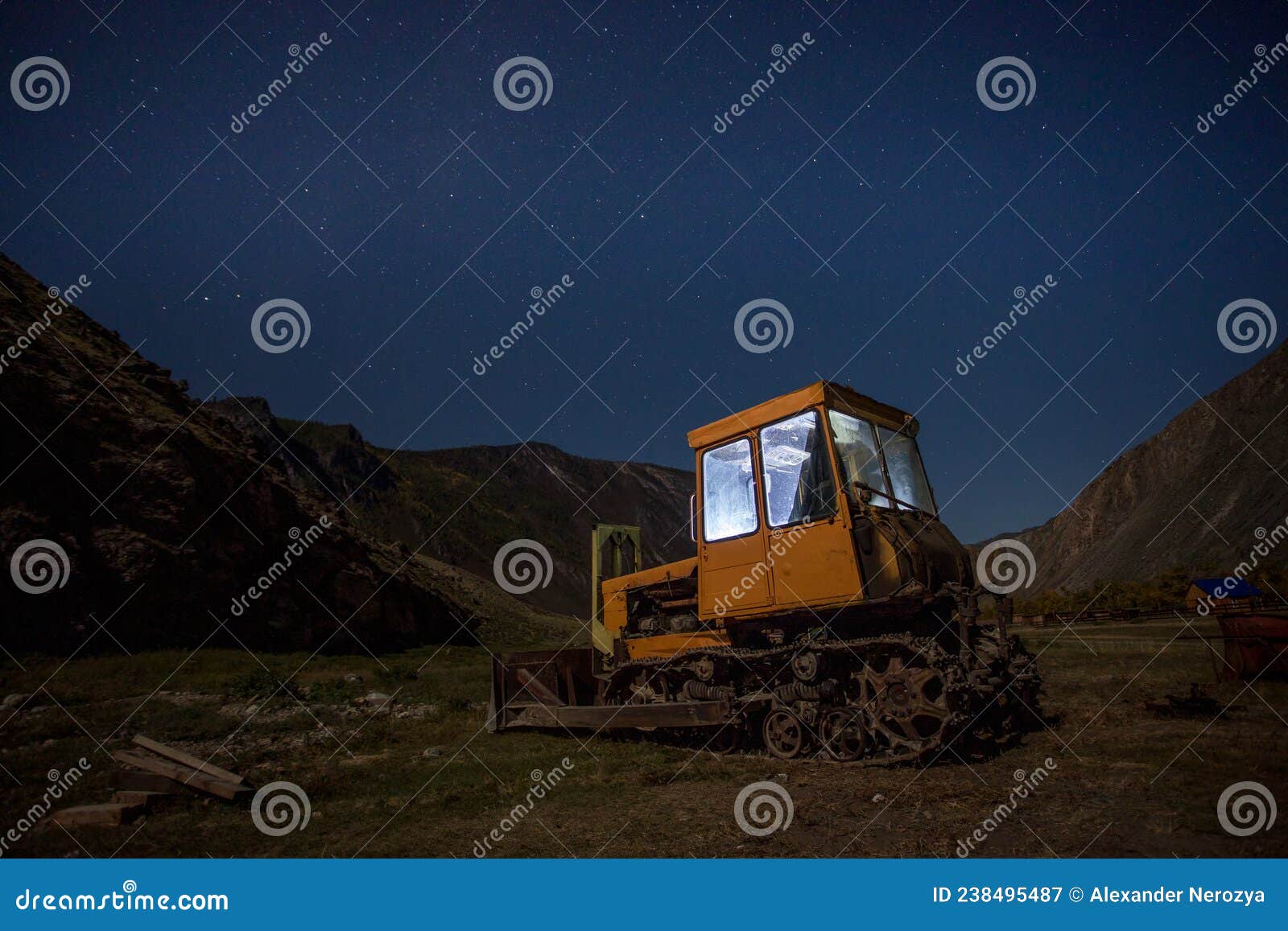 Tractor with Illuminated Cab at Night Under a Starry Sky Stock Image ...