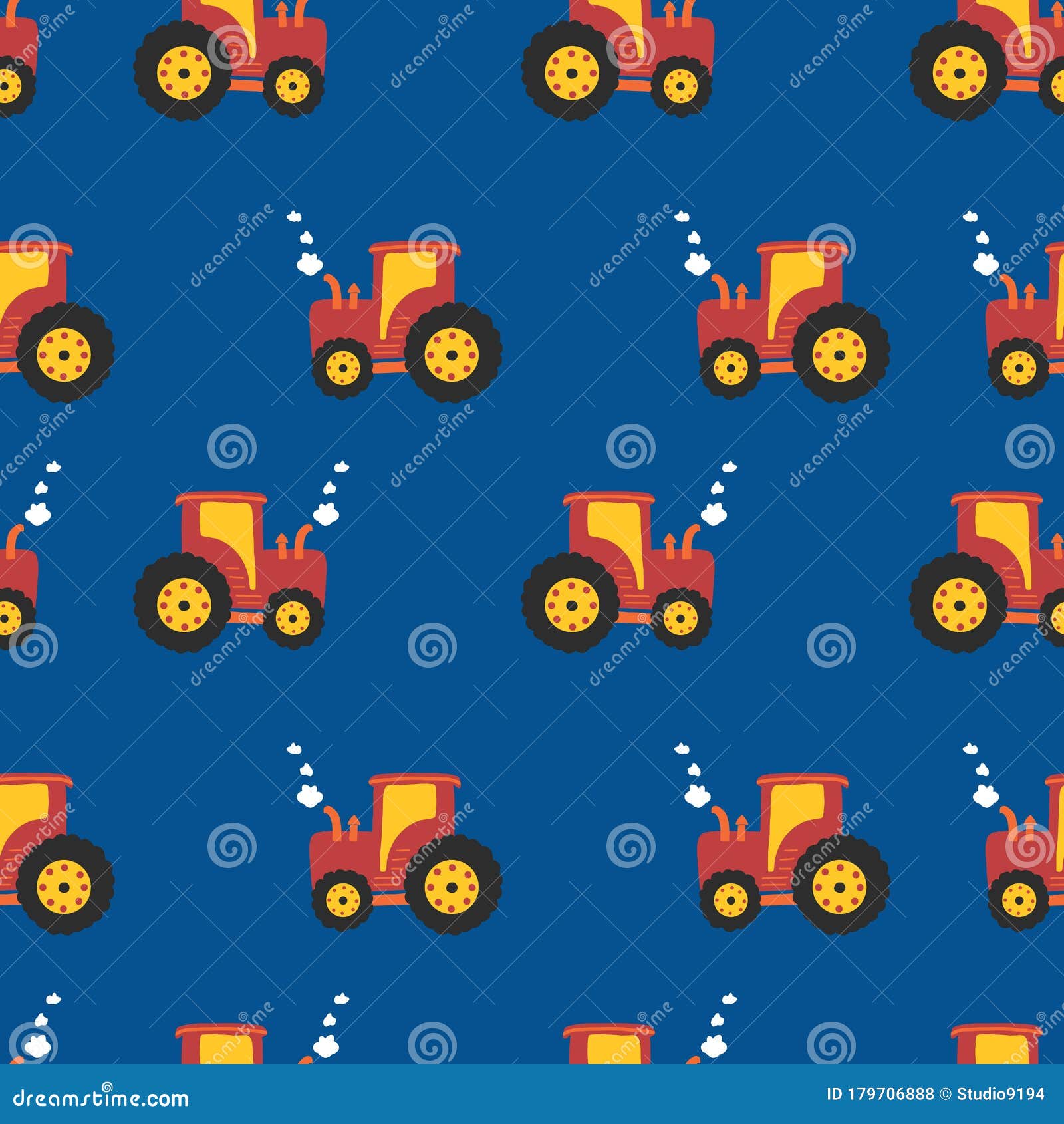 Tractor Kids Pattern. Seamless Vector Background Tractors on Blue Stock ...