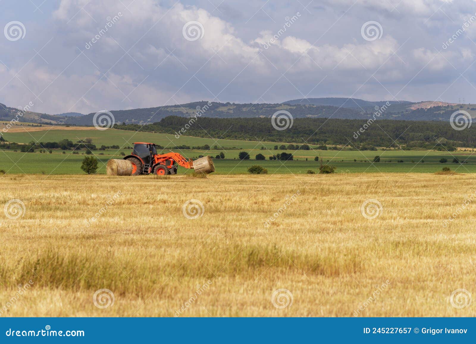 Tractor Lifting Hay Bale on Barrow Stock Image - Image of field ...