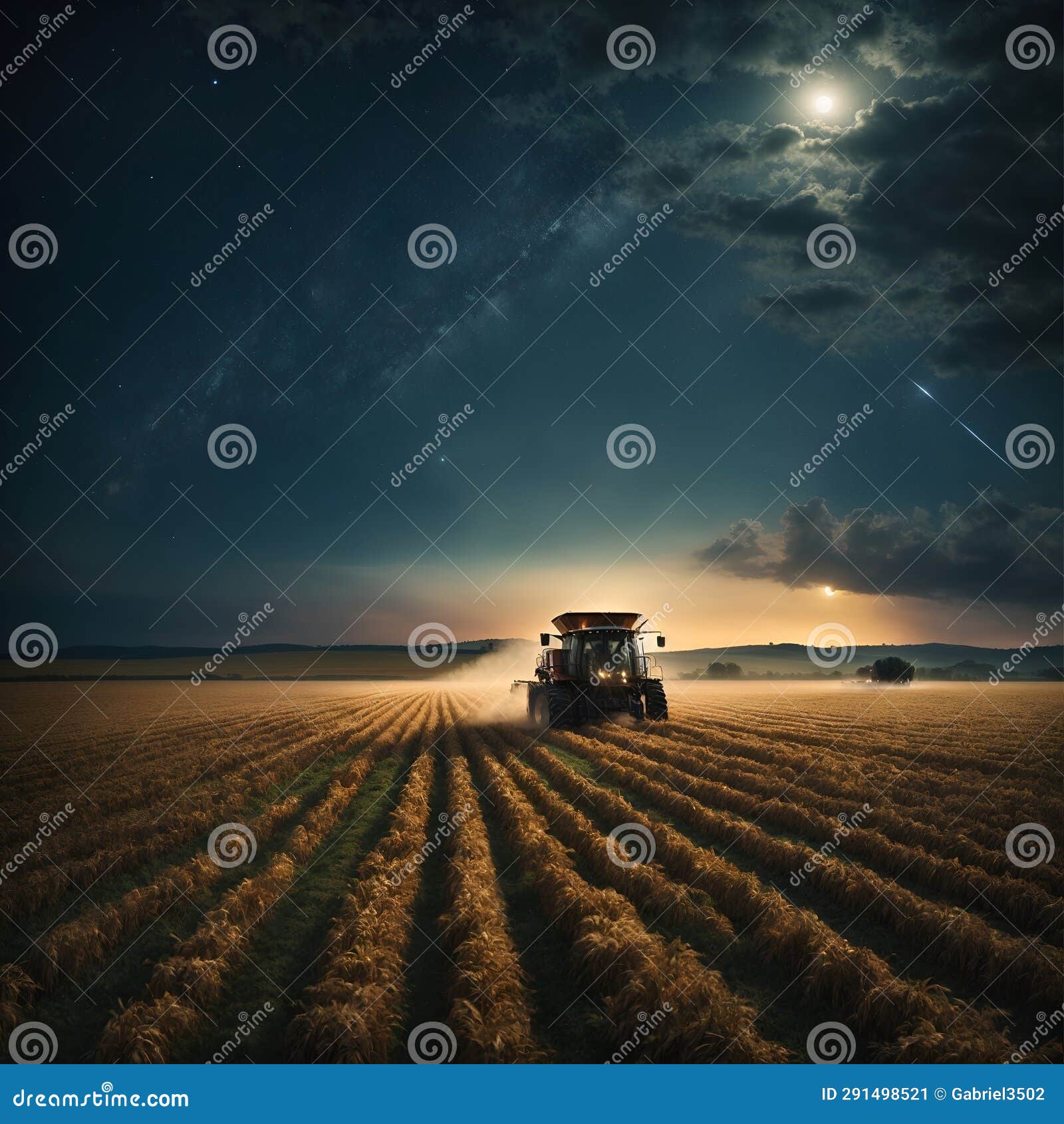 Tractor Moving in the Field Under the Starry Sky Stock Illustration ...