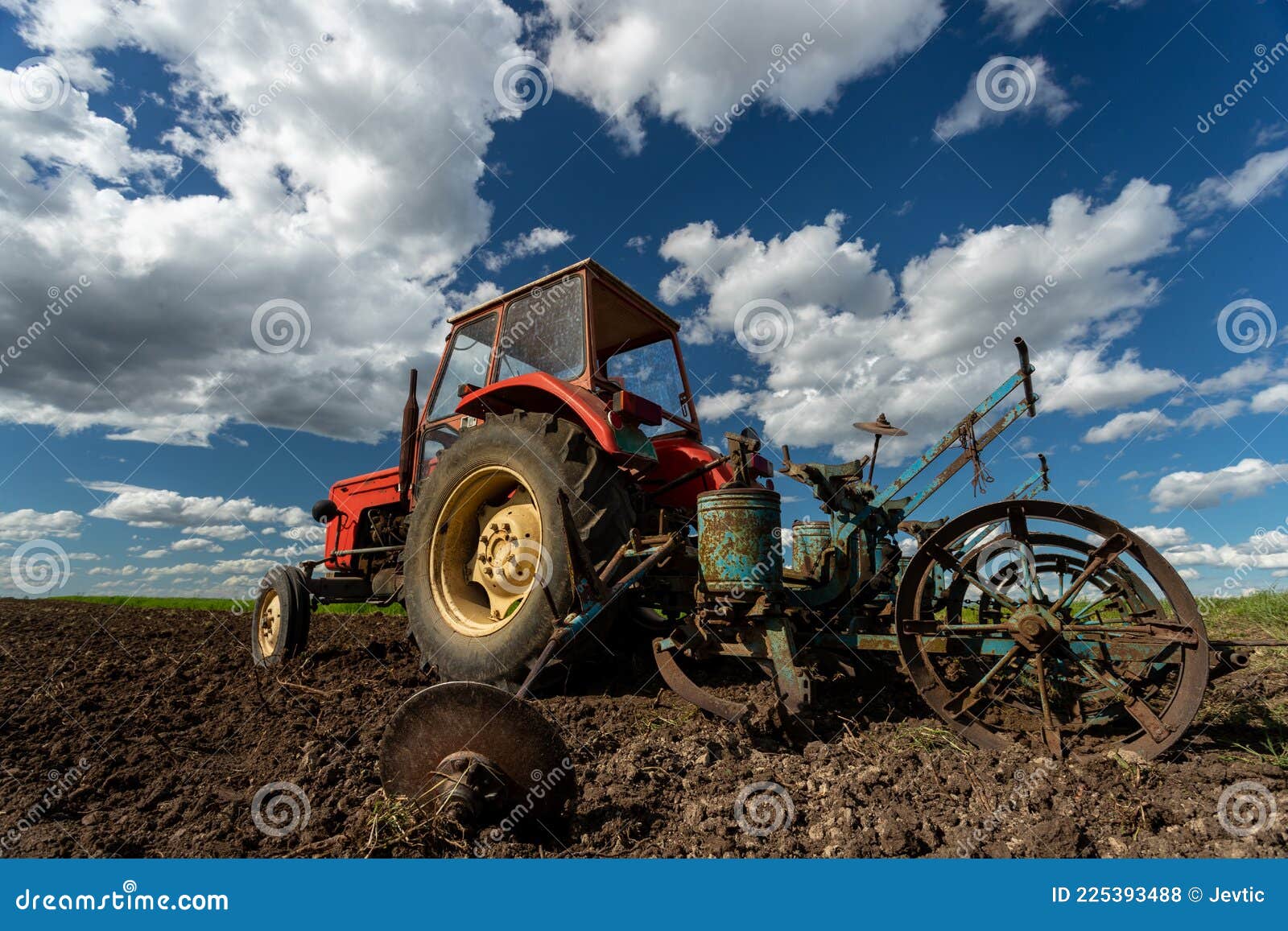 Tractor with Old Seeder in Field Stock Photo - Image of aerial ...