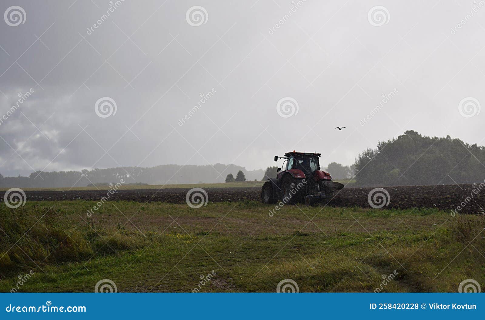 Tractor with Plow on Field in Bad Weather Stock Photo - Image of dark ...