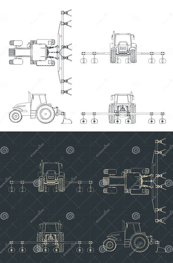Tractor with Plowing Equipment Blueprints Stock Vector - Illustration ...