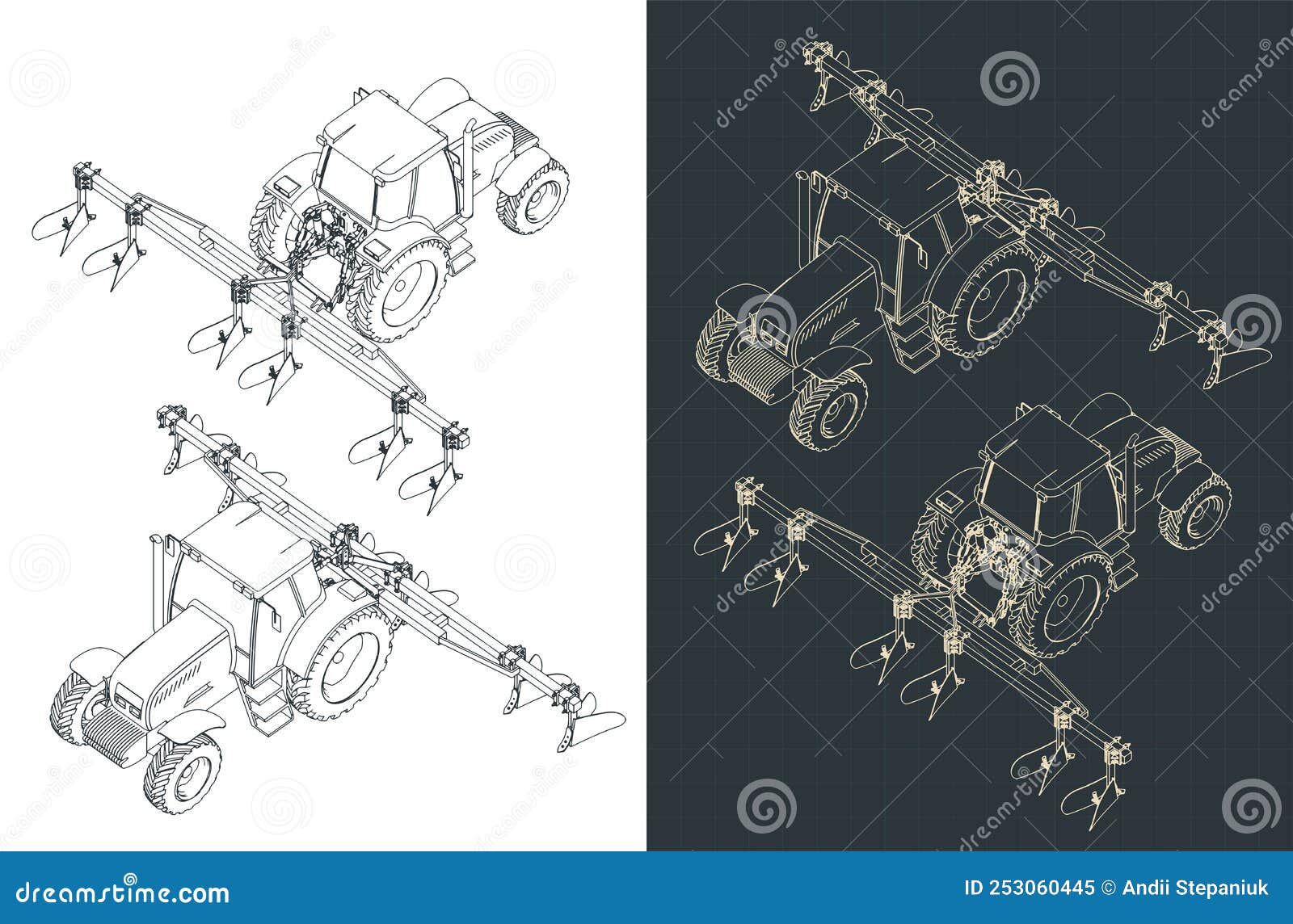 Tractor with Plowing Equipment Isometric Blueprints Stock Vector ...