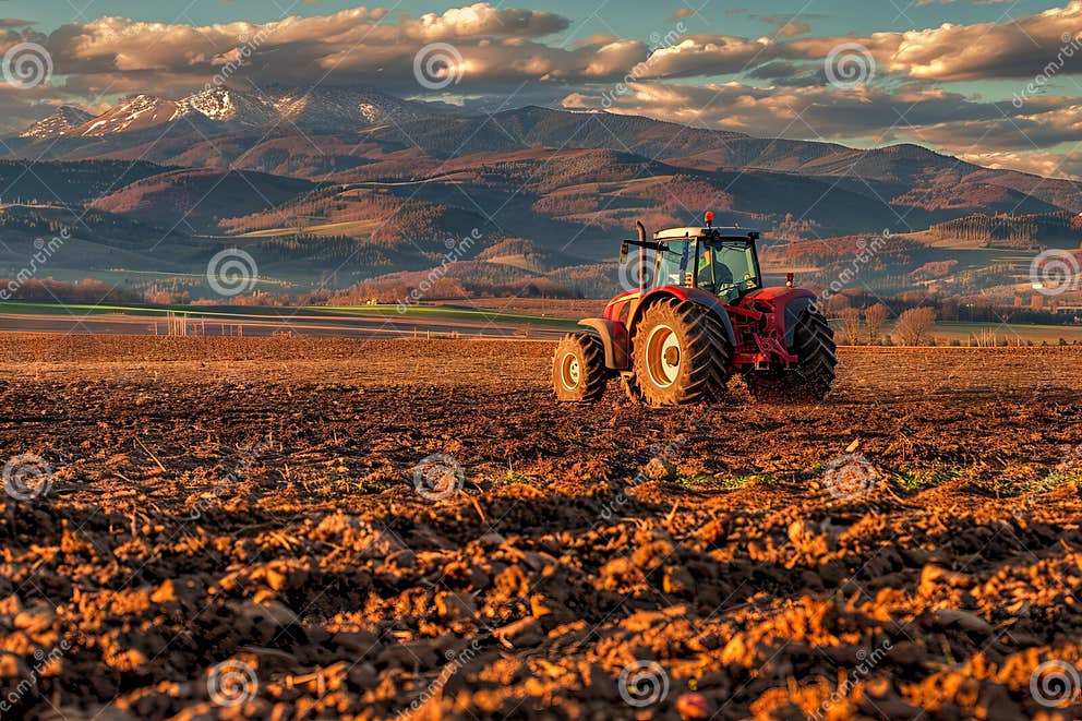 A Tractor Plowing a Field in the Mountains Stock Photo - Image of dirt ...