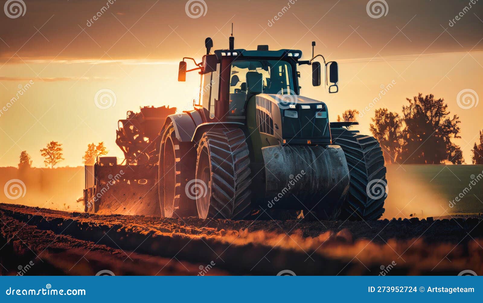 The Tractor Plows the Field Against a Dramatic Sunset Stock ...