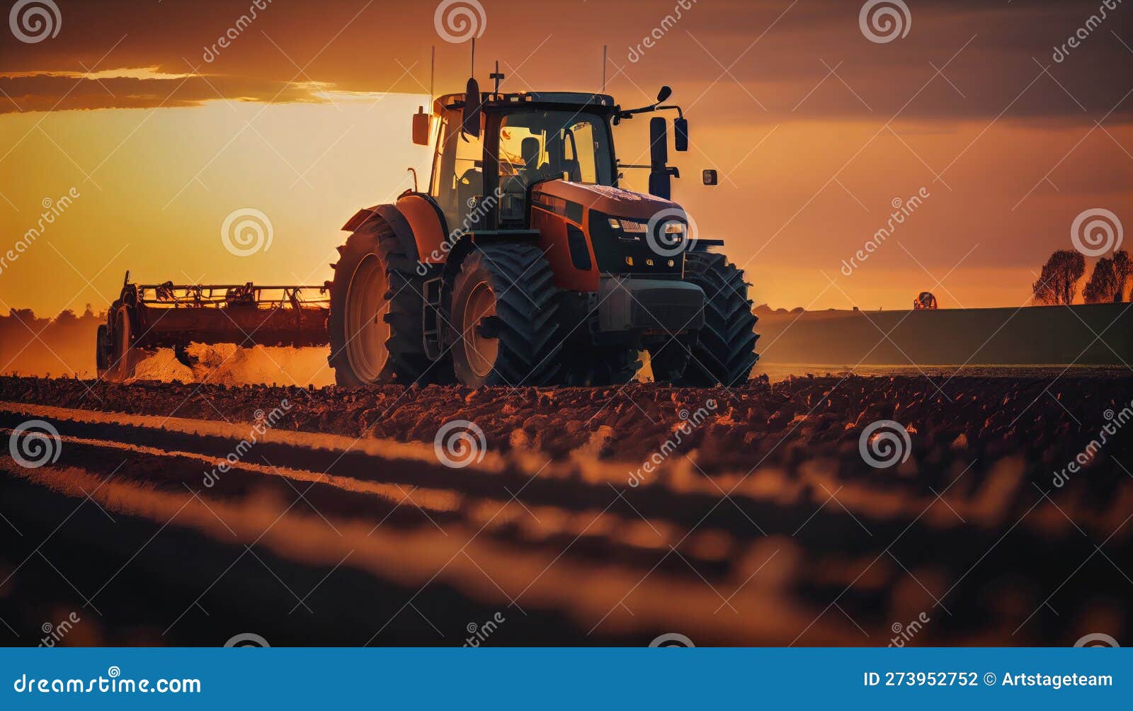 The Tractor Plows the Field Against a Dramatic Sunset Stock ...