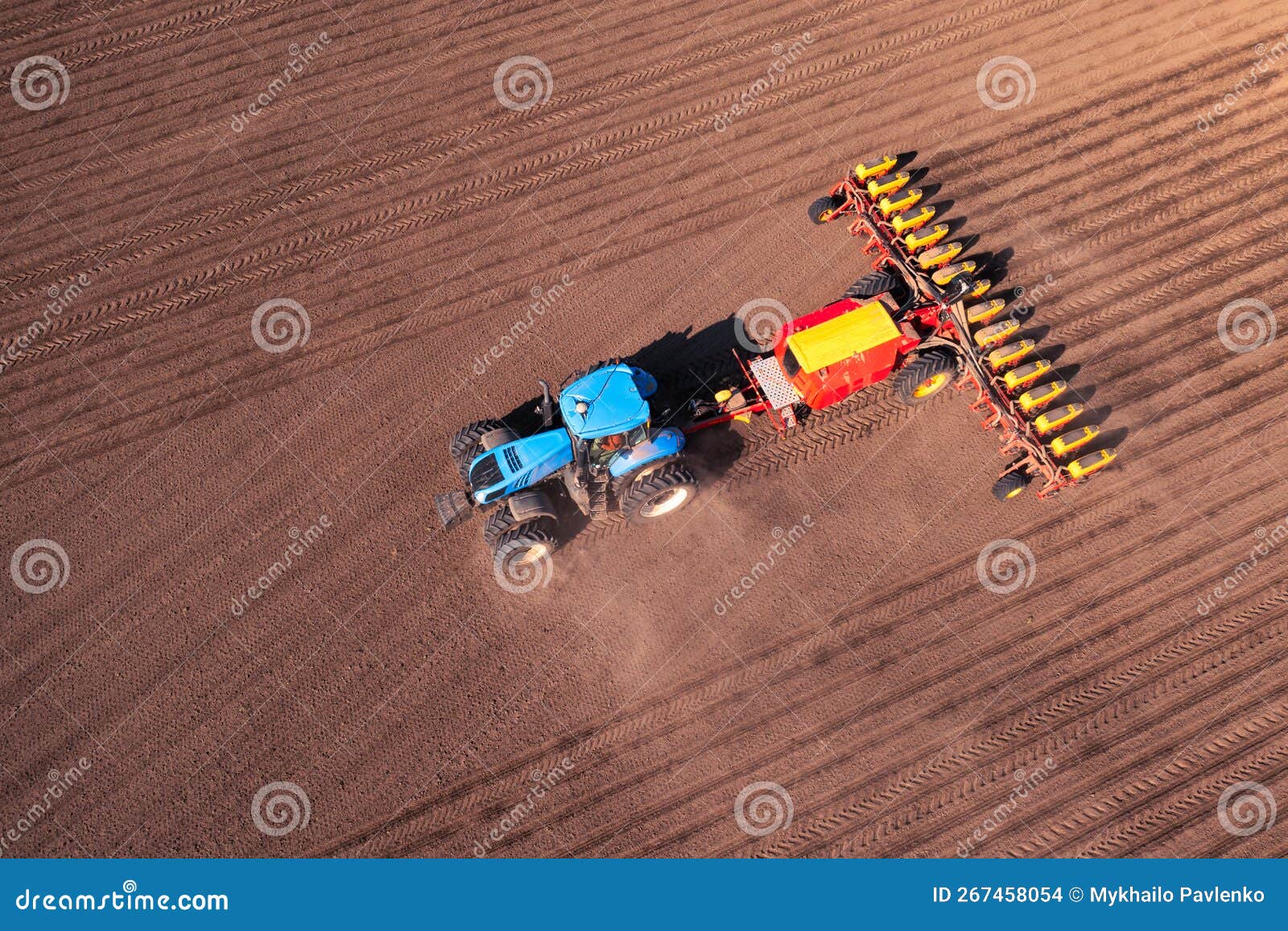Tractor with Seeder on Field Drone View Stock Photo - Image of crop ...