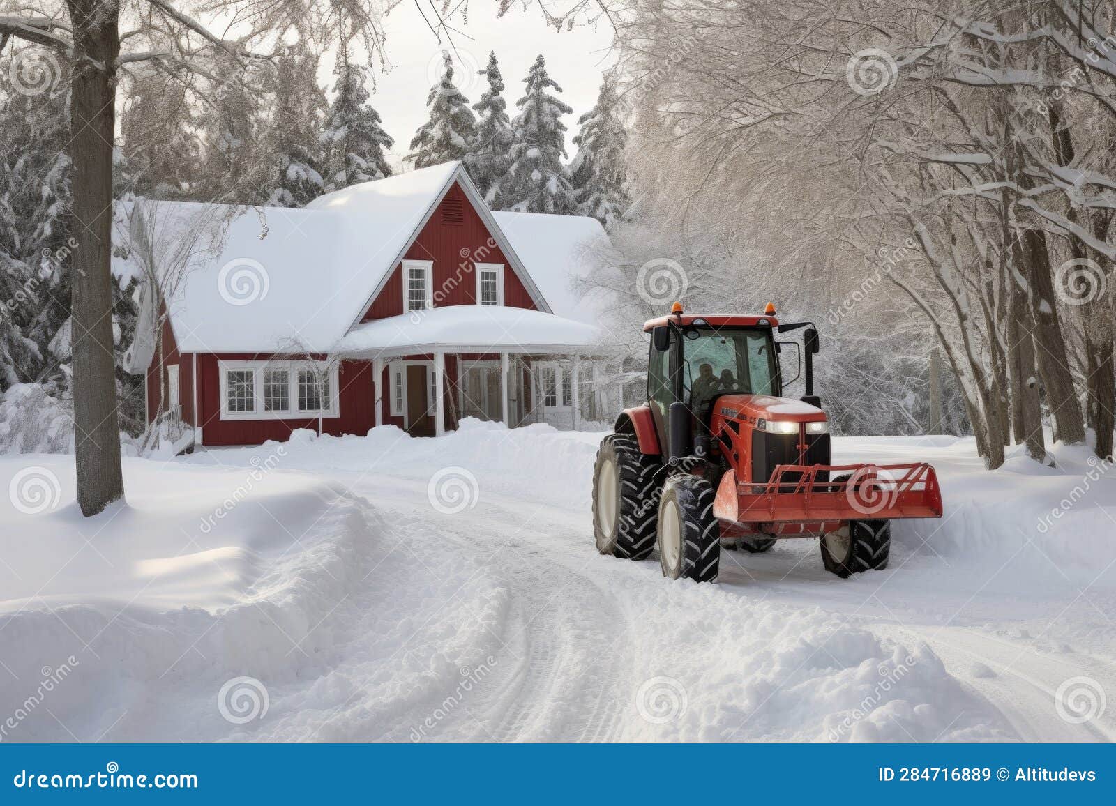 Tractor with Snow Plow Clearing a Farm Driveway Stock Illustration ...