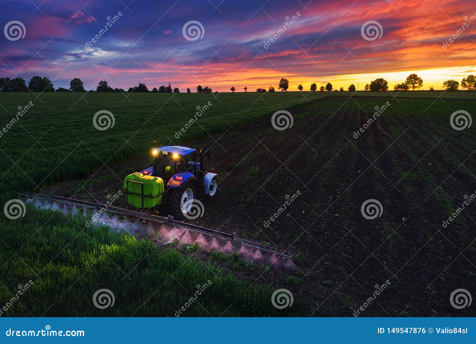 Tractor Spraying Field at Spring,aerial Sunset View Stock Photo - Image ...