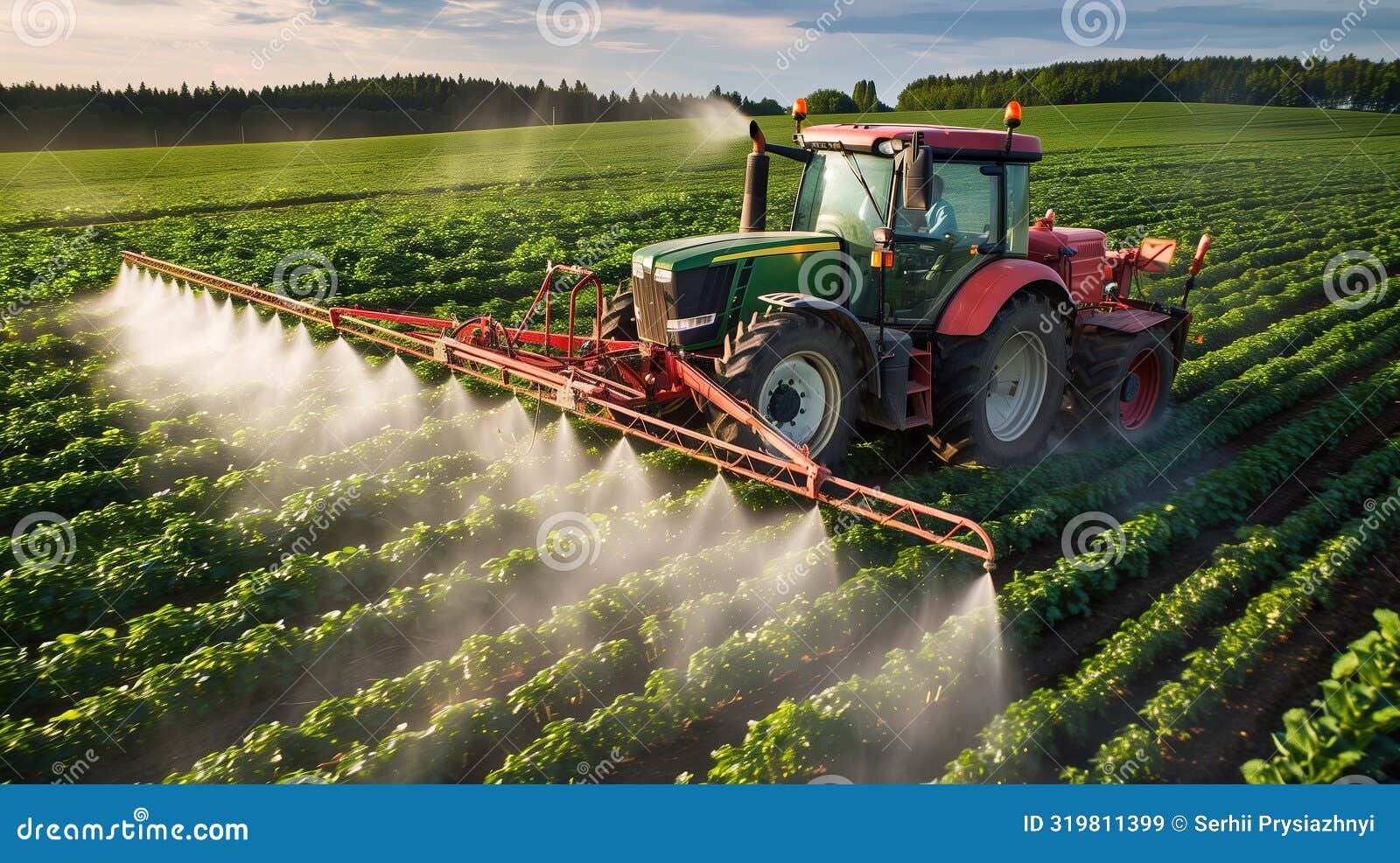 Tractor Spraying Pesticides at Soy Bean Fields. Soybean Fields Being ...