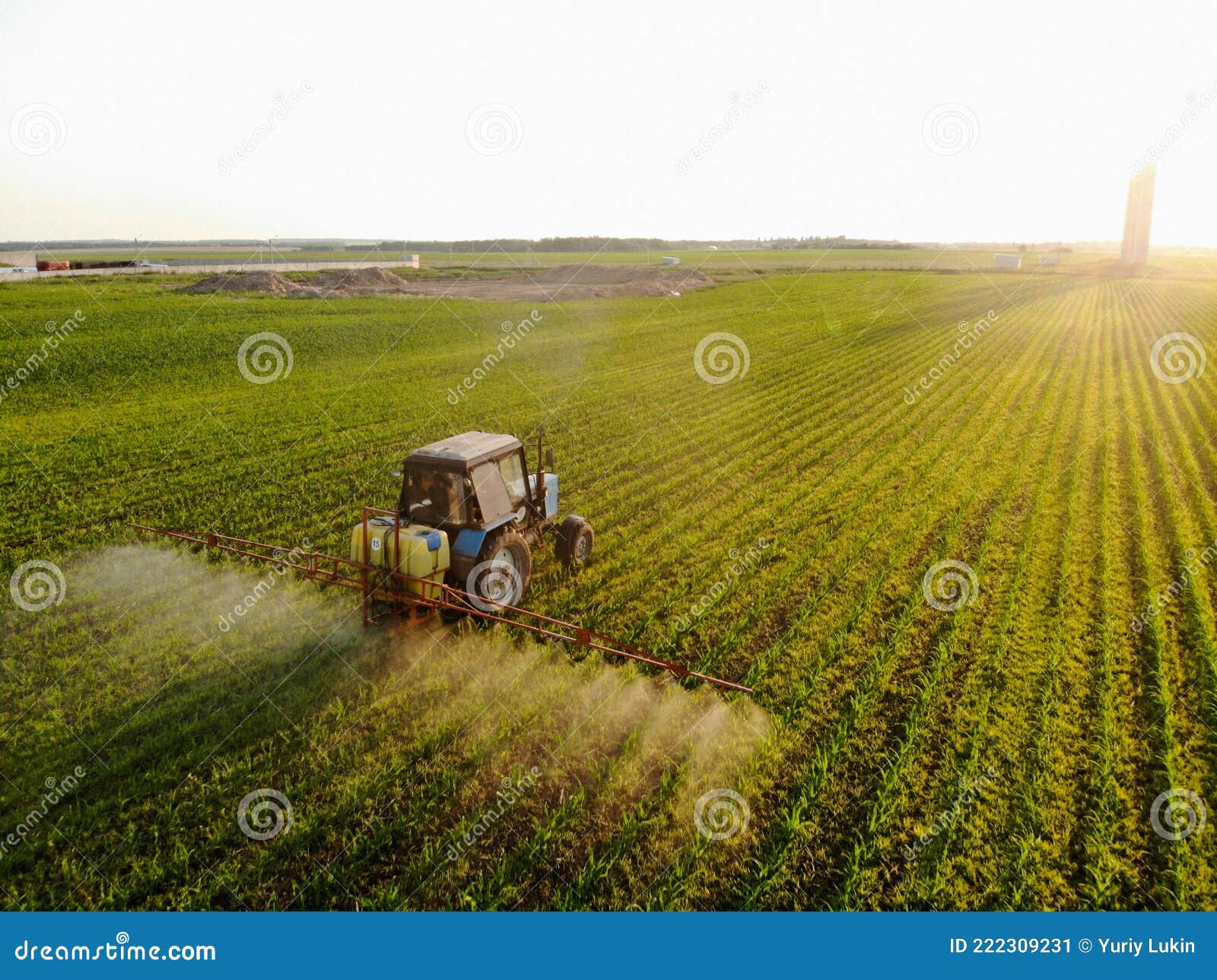 Tractor Sprays Pesticides on Corn Fields at Sunset Stock Image - Image ...