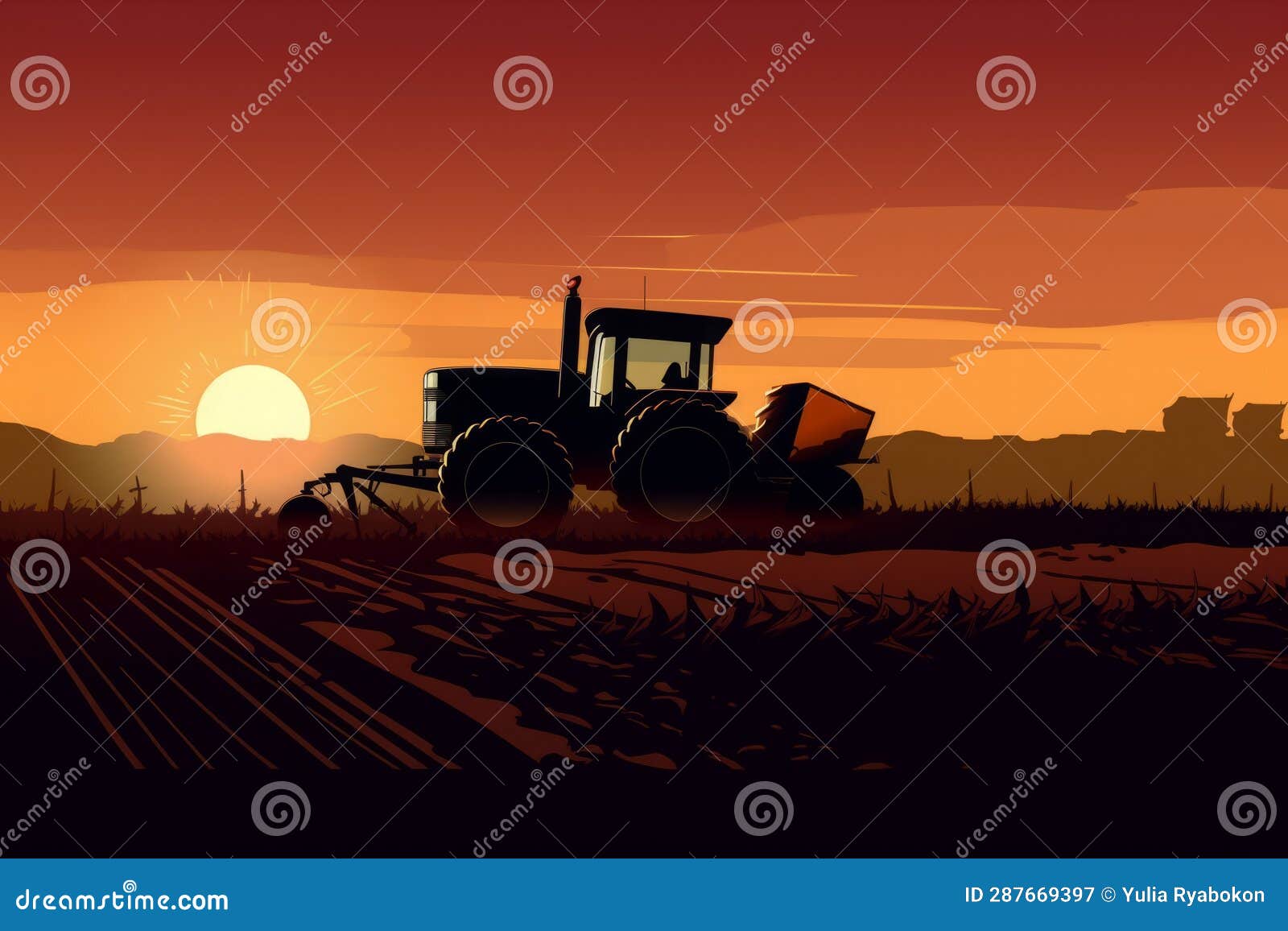 Tractor Sunset. Generate Ai Stock Illustration - Illustration of green ...