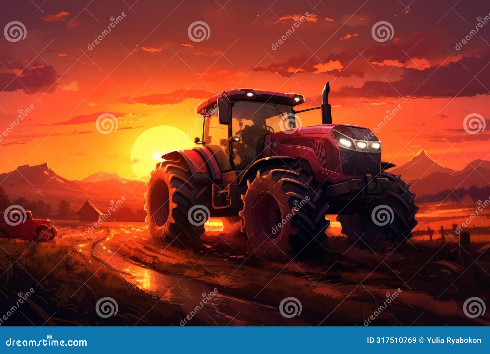 Tractor On The Sunset Background. Tractor With High Wheels Is Making ...