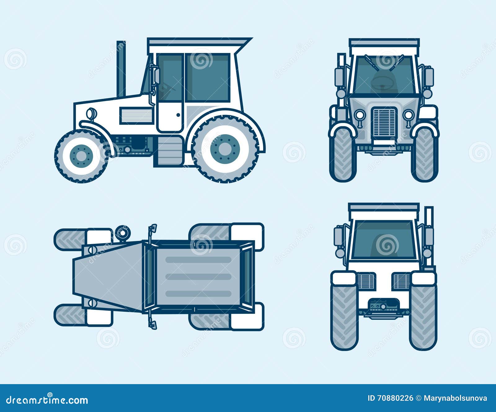 Tractor Top, Front, Side, Back View Line Style Stock Vector ...