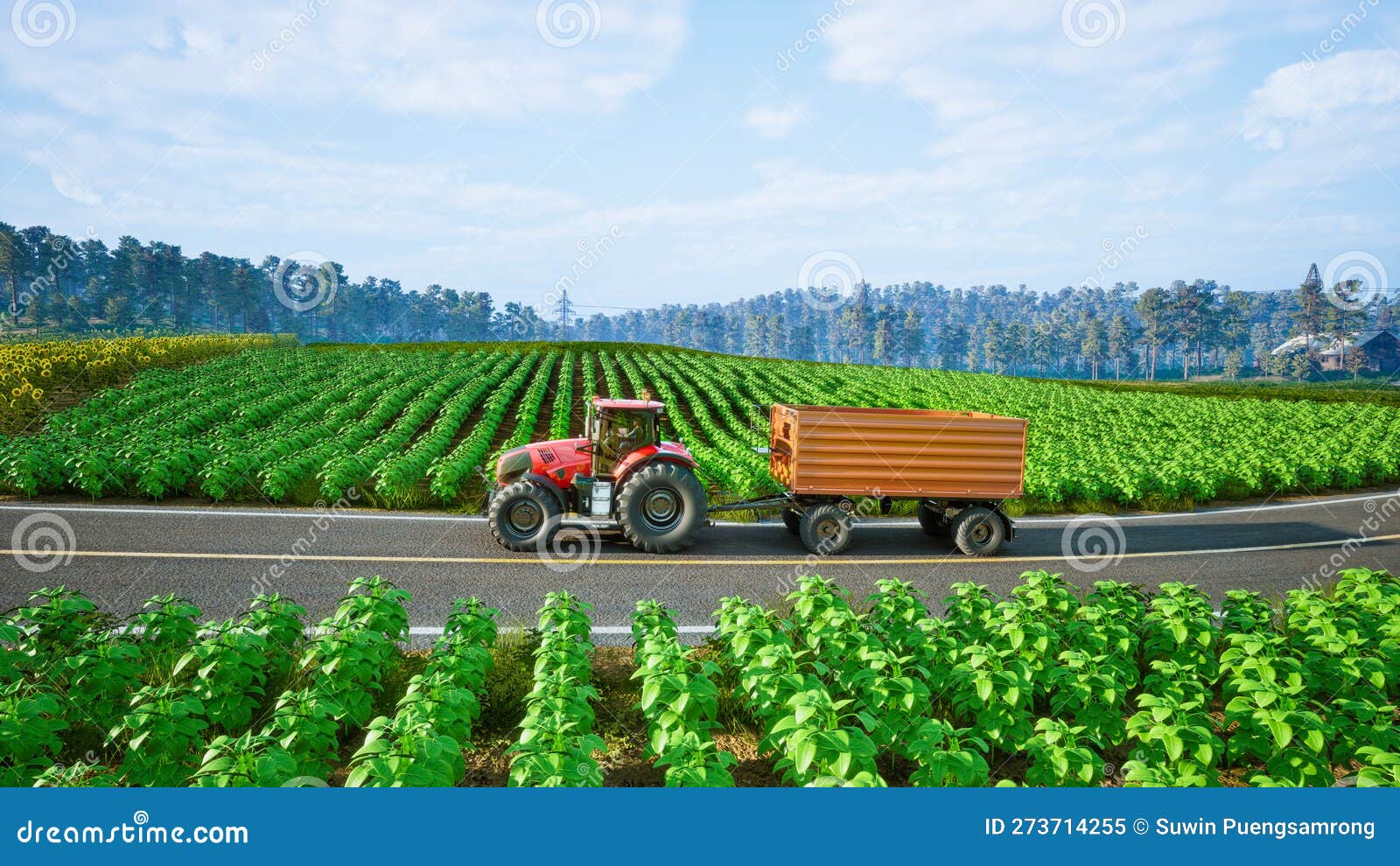 Tractor Working in Agricultural Plots. 3d Render Stock Illustration ...